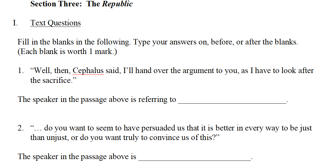 Section Three: The Republic I. Text Questions Fill in | Chegg.com