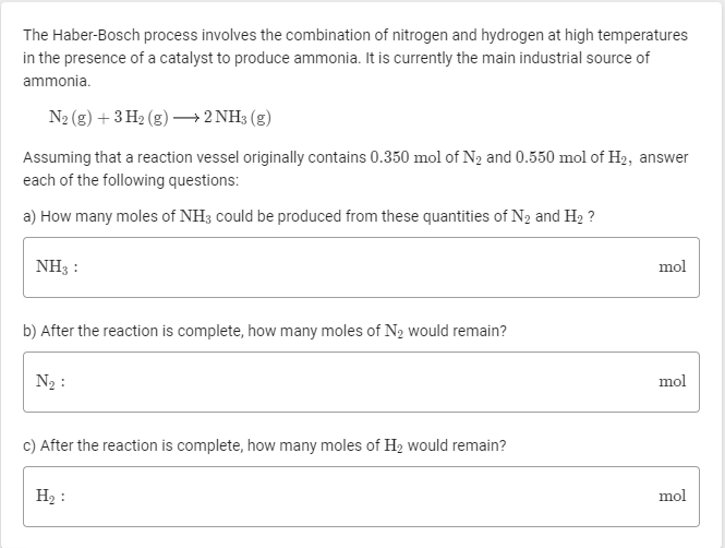 Solved The Haber-Bosch process involves the combination of | Chegg.com Solved The Haber-Bosch process involves the combination of | Chegg.com