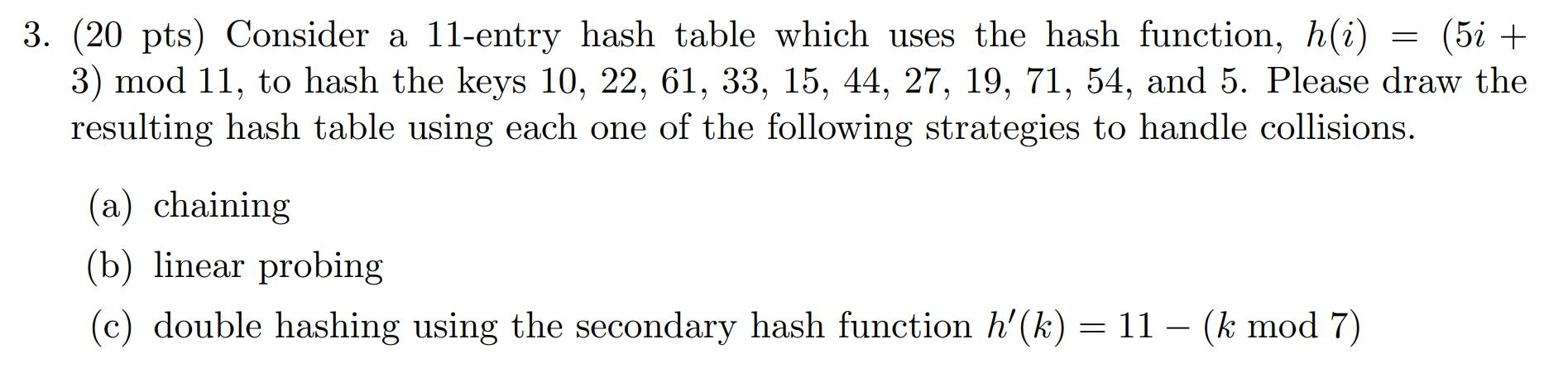 Solved 3. (20pts) Consider a 11-entry hash table which uses | Chegg.com