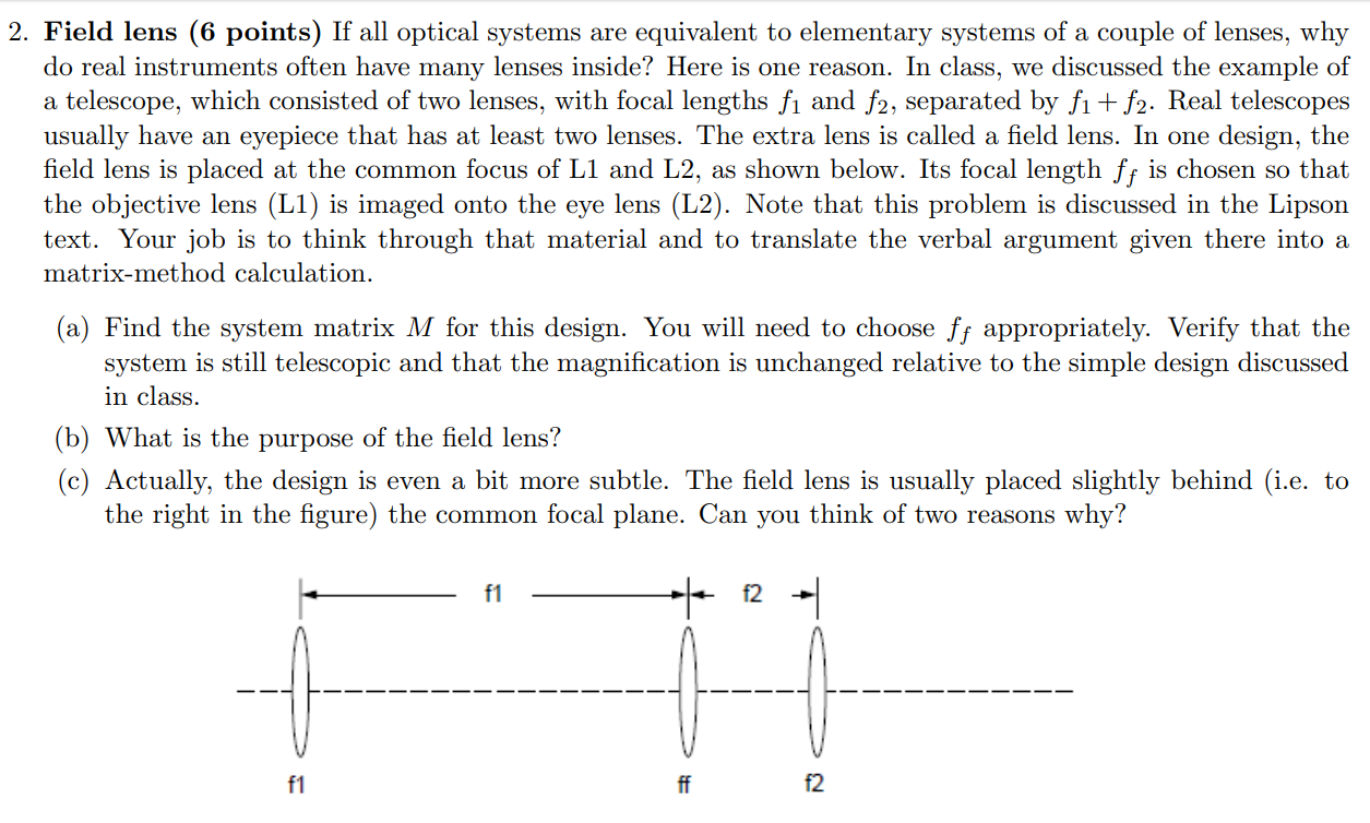 2. Field lens (6 points) If all optical systems are | Chegg.com
