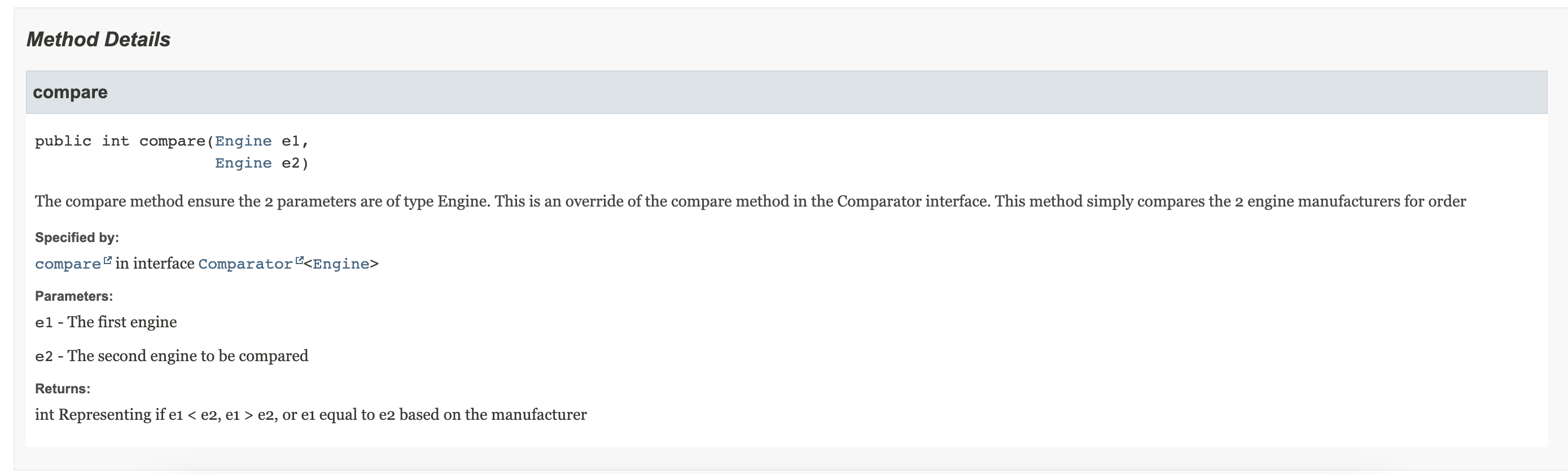 Solved public int compare(Engine e1, Engine e2) Specified | Chegg.com