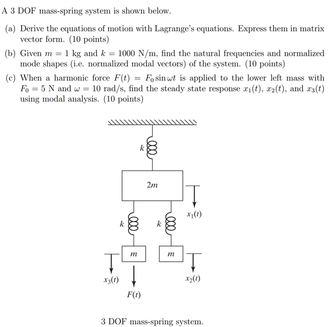 Solved A 3 DOF mass-spring system is shown below. (a) Derive | Chegg.com