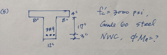 Solved fc′=3000 psi. Grade 60 steel NWC, ΦMn=? | Chegg.com