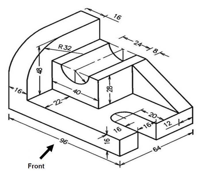 Solved 1 - Draw the three orthographic views (Front, Top and | Chegg.com