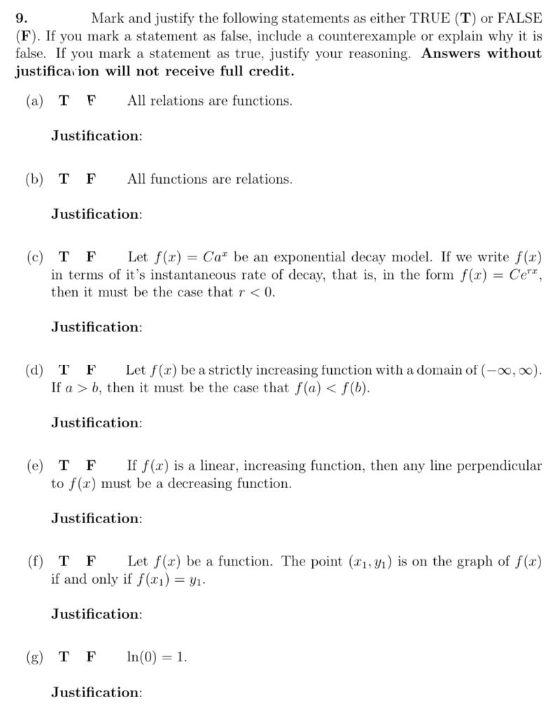 Solved 9. Mark and justify the following statements as | Chegg.com