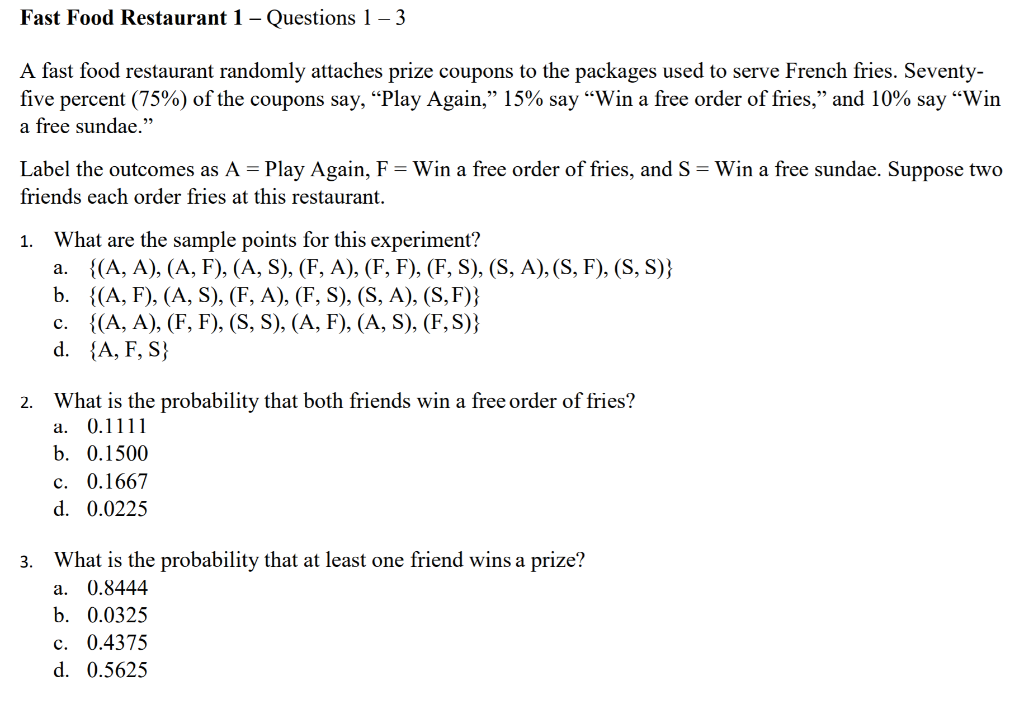 Solved Fast Food Restaurant 1 - Questions 1-3 A fast food | Chegg.com