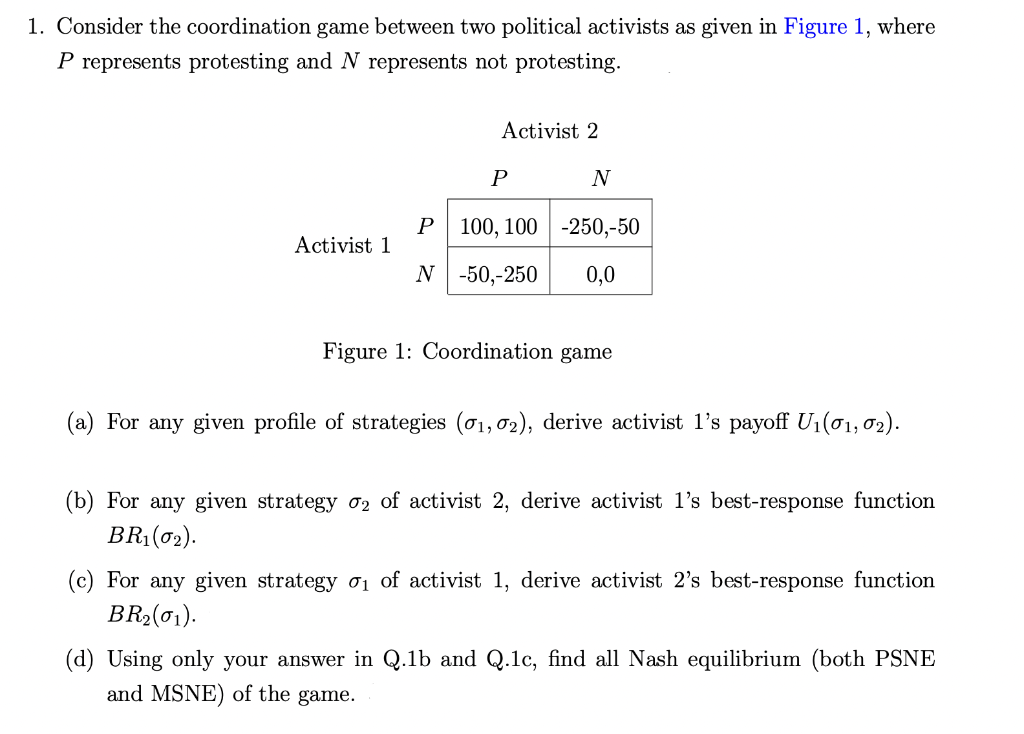 Solved 1. Consider the coordination game between two | Chegg.com