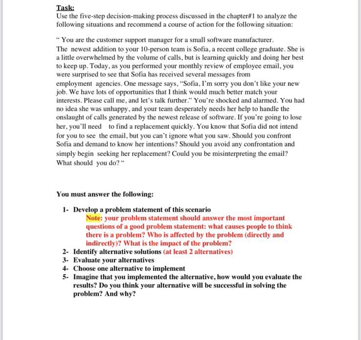 Solved Task: Use the five-step decision-making process | Chegg.com