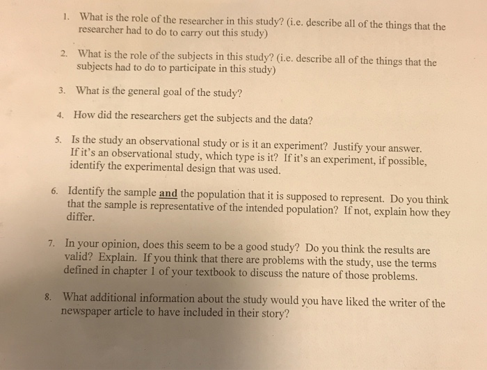 Solved 1. What is the role of the researcher in this study? | Chegg.com