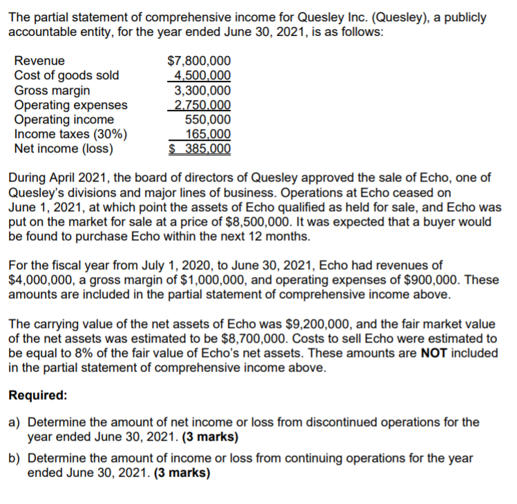 Solved The partial statement of comprehensive income for | Chegg.com