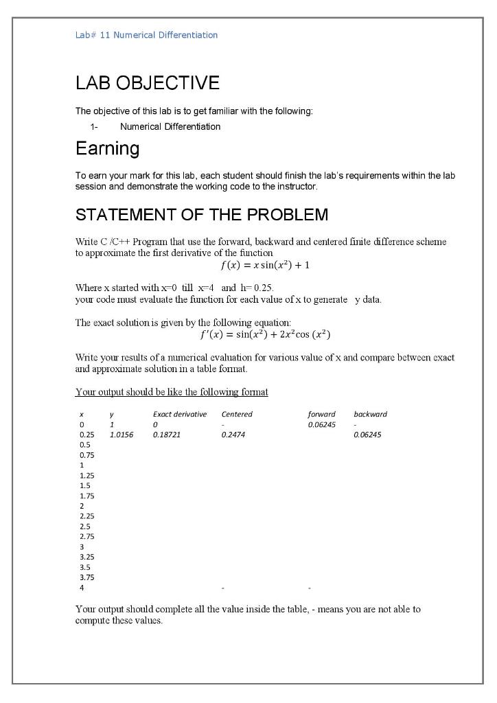 Solved Lab# 11 Numerical Differentiation LAB OBJECTIVE The | Chegg.com