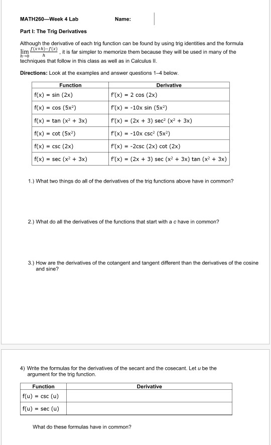 Solved MATH260-Week 4 Lab Part I: The Trig Derivatives | Chegg.com