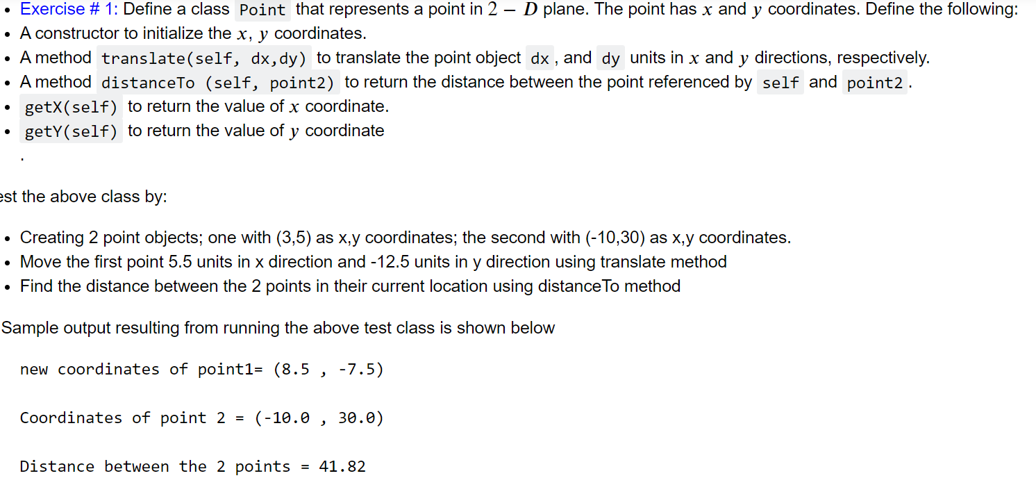 Solved • Exercise #1: Define a class Point that represents a | Chegg.com