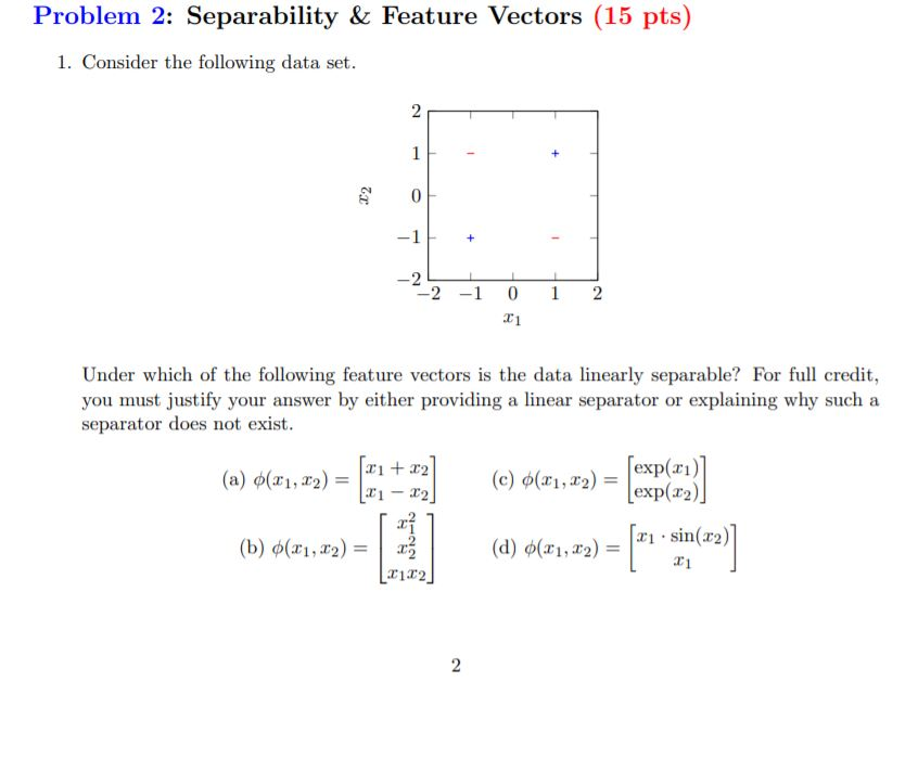 Problem 2: Separability & Feature Vectors (15 pts) 1. | Chegg.com