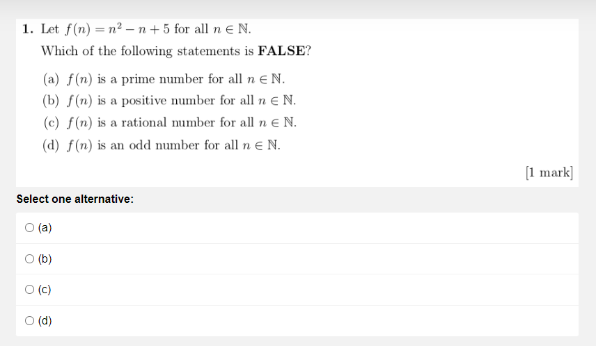 Solved 1. Let f(n)=n2−n+5 for all n∈N. Which of the | Chegg.com