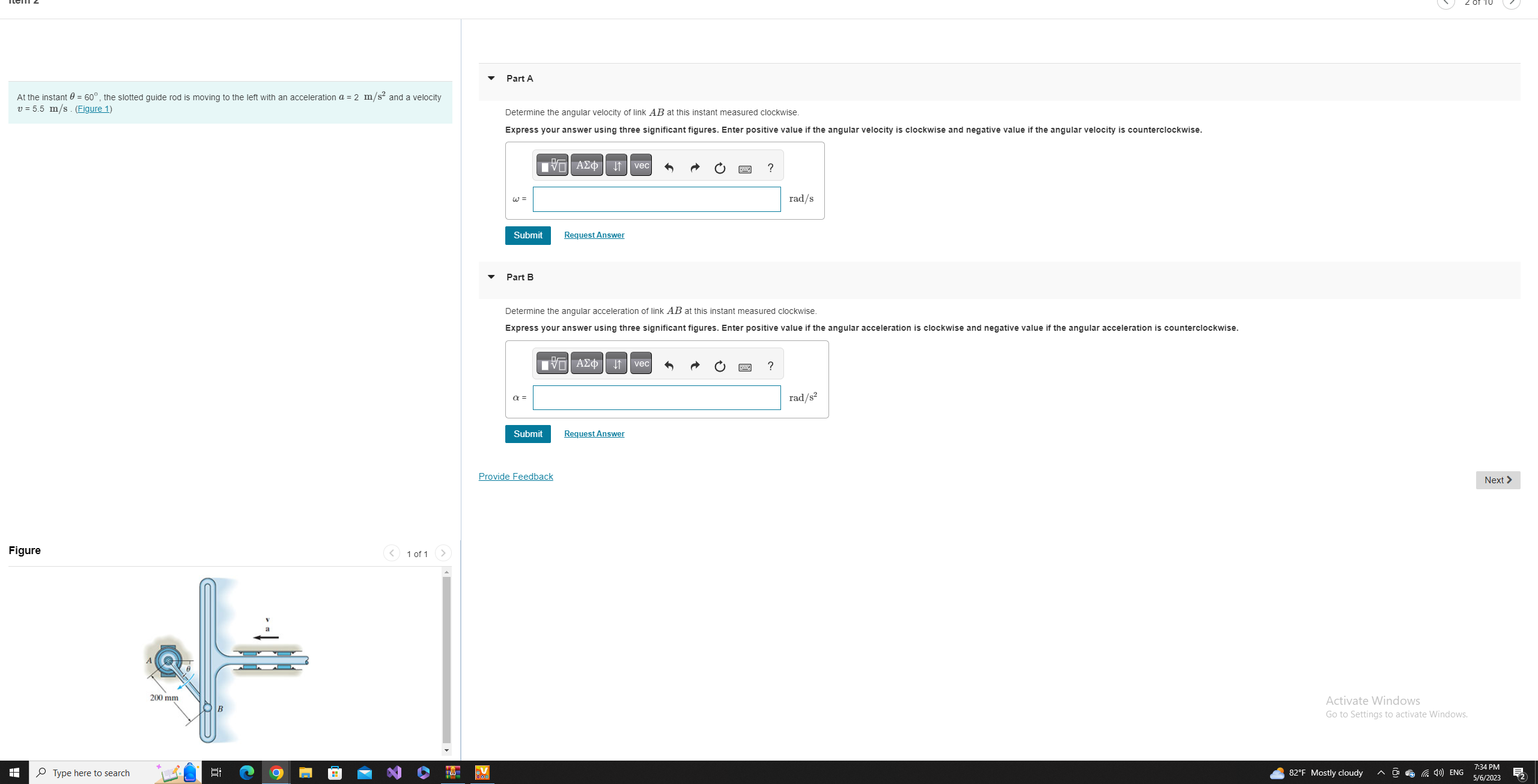 Solved At the instant θ=60∘, the slotted guide rod is moving | Chegg.com