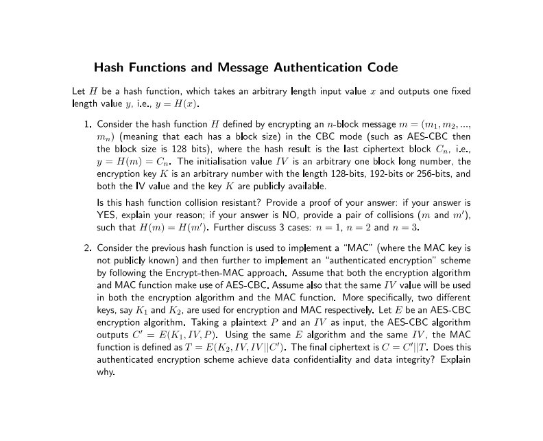 Solved ength value y, i.e., y=H(x). 1. Consider the hash | Chegg.com