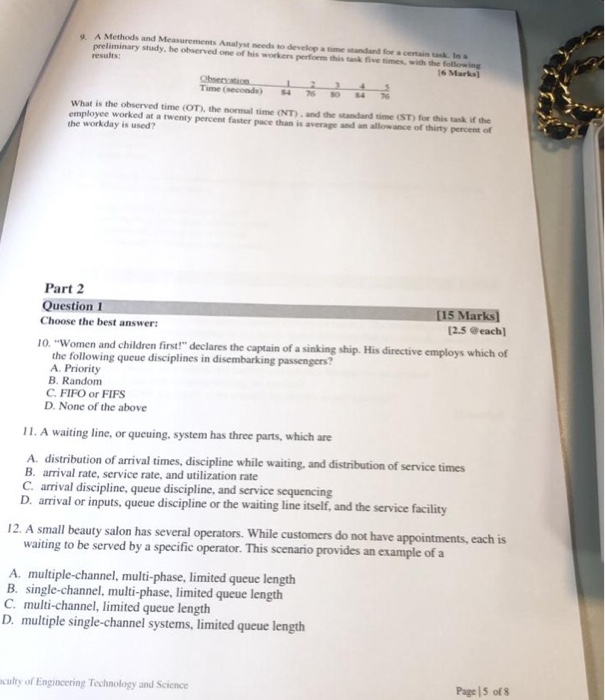 Solved A Methods and Measurements Analyst needs to develop | Chegg.com