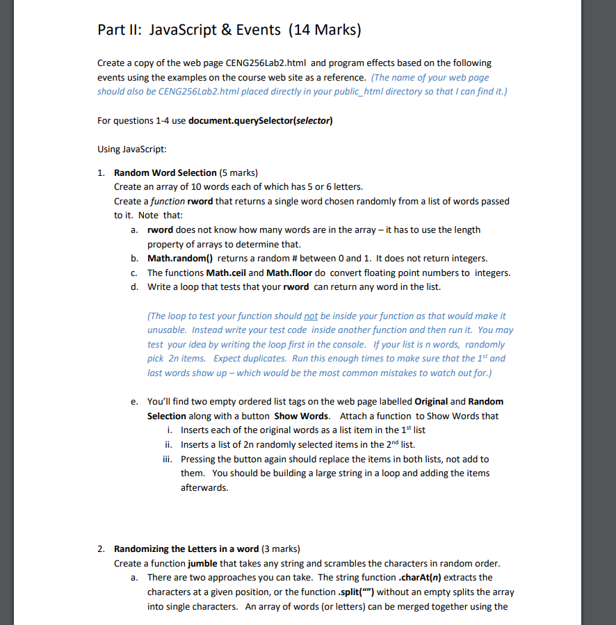 Part II: JavaScript & Events (14 Marks) Create a copy | Chegg.com