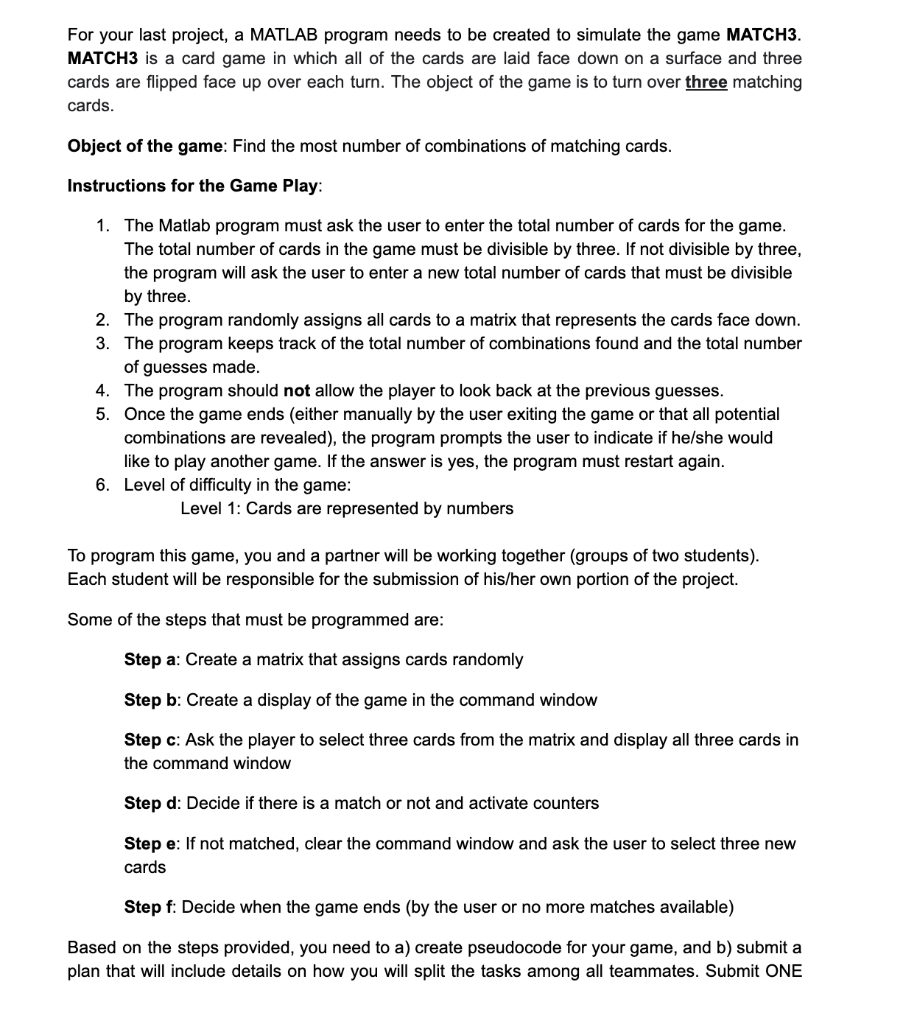 For your last project, a MATLAB program needs to be | Chegg.com