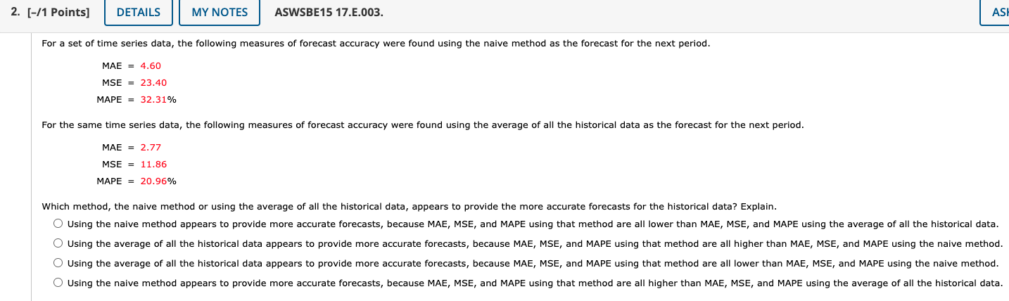 Solved For a set of time series data, the following measures | Chegg.com