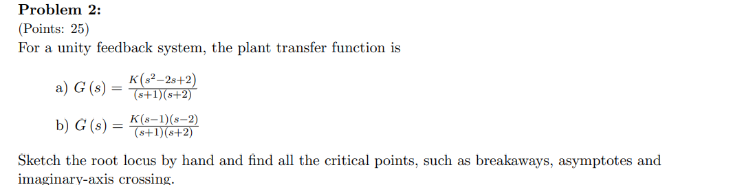 Solved Problem 2: (Points: 25) For a unity feedback system, | Chegg.com