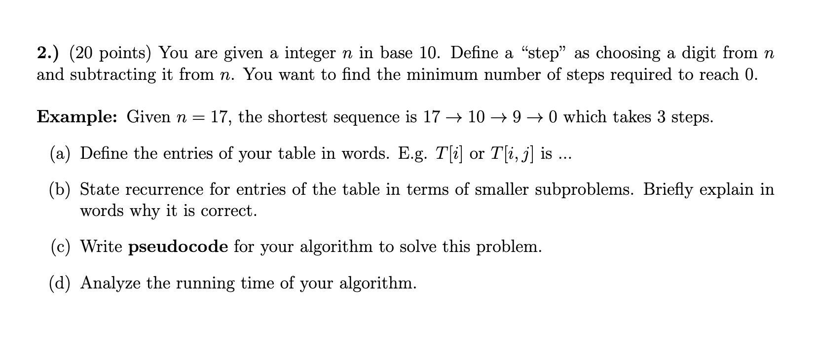 Solved 2.) (20 points) You are given a integer n in base 10 | Chegg.com