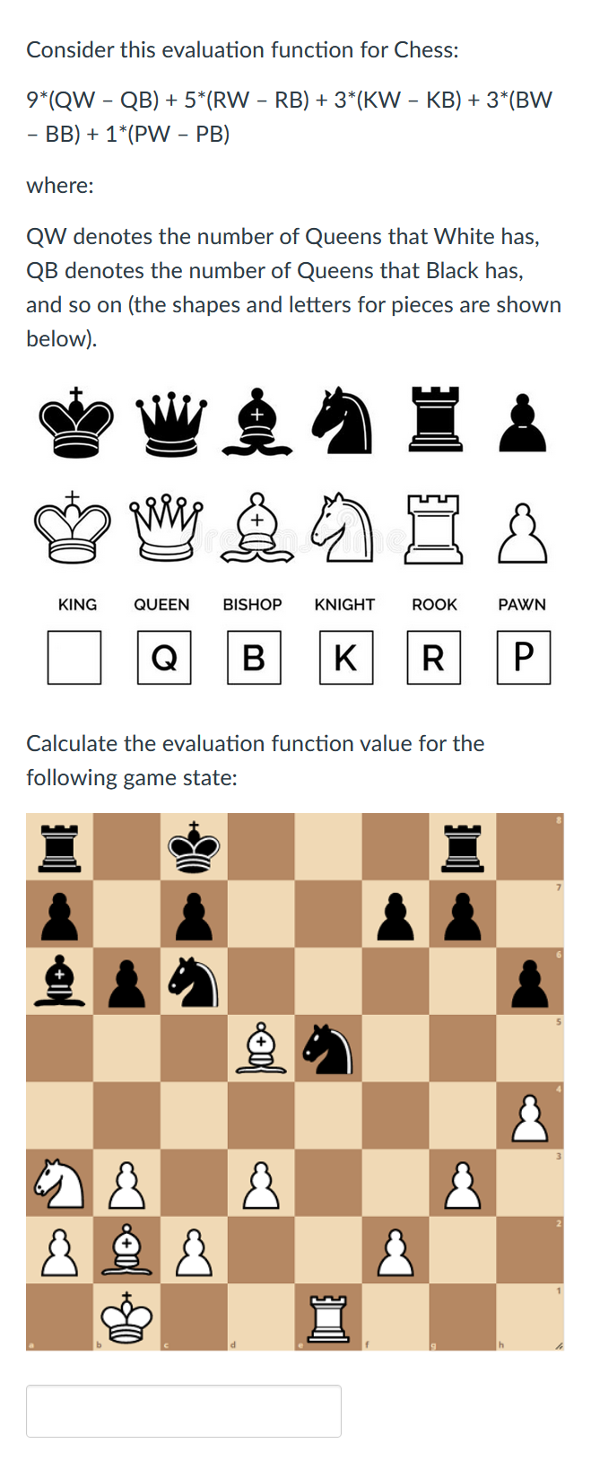 Solved Consider this evaluation function for Chess: | Chegg.com