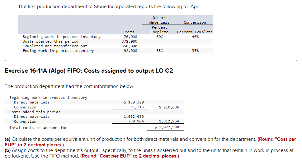 Solved The first production department of Stone Incorporated | Chegg.com