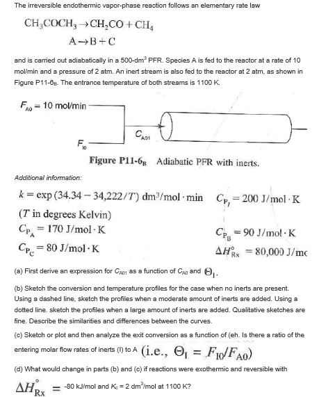 Solved The irreversible endothermic vapor-phase reaction | Chegg.com