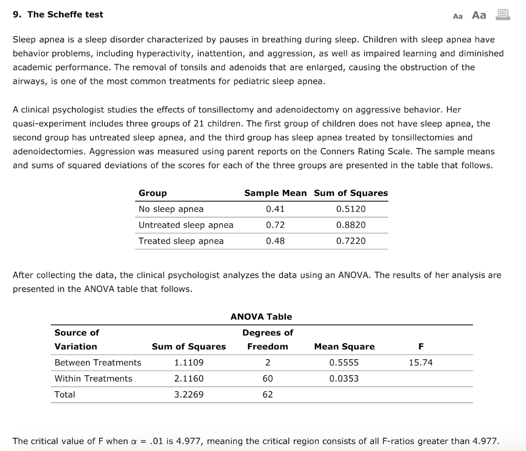 Solved 9. The Scheffe test Aa Aa Sleep apnea is a sleep | Chegg.com