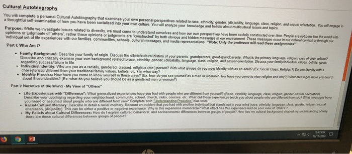 Cultural Autobiography You will complete a personal | Chegg.com