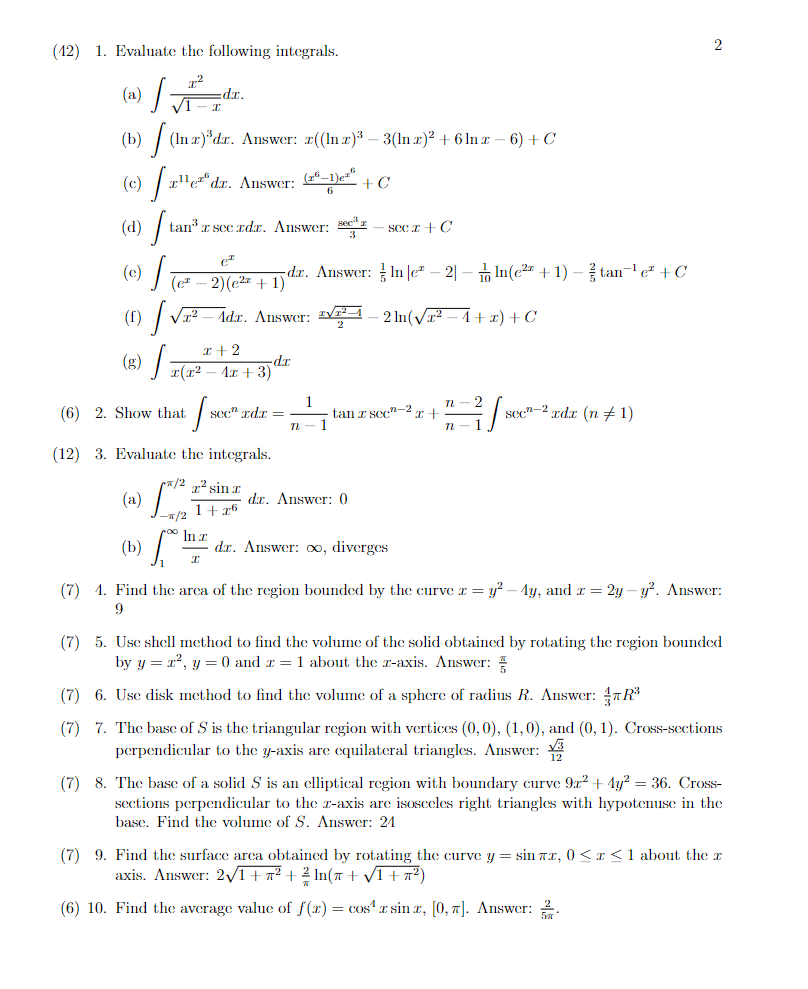 Integral Calc Final: Practice Exam, Prof does not | Chegg.com