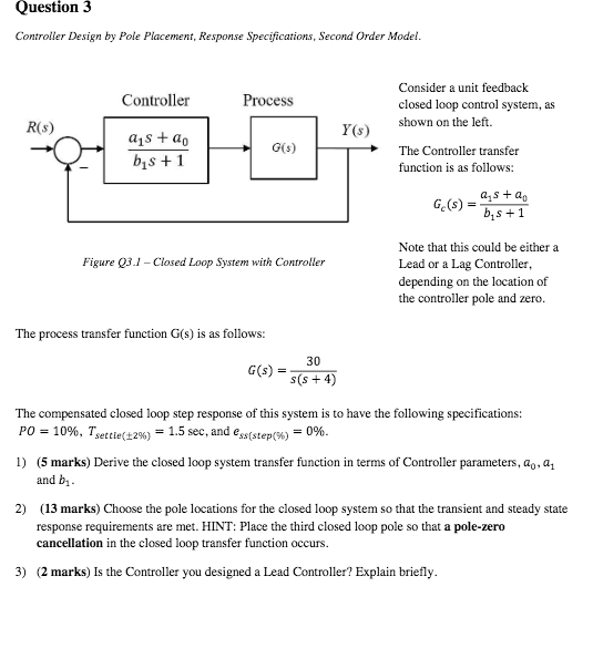Solved Question 3 Controller Design by Pole Placement, | Chegg.com