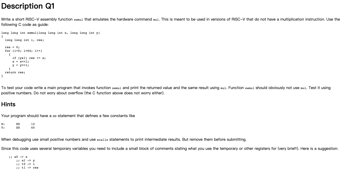 Description Q1 Write a short RISC-V assembly function | Chegg.com