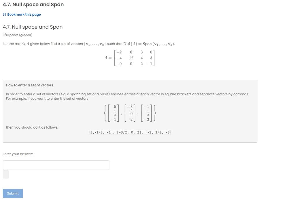 Solved 4.7. Null space and Span Bookmark this page 4.7. Null | Chegg.com