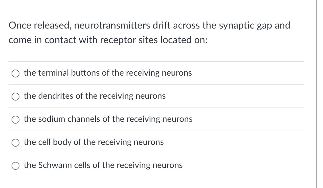 Solved Once released, neurotransmitters drift across the | Chegg.com