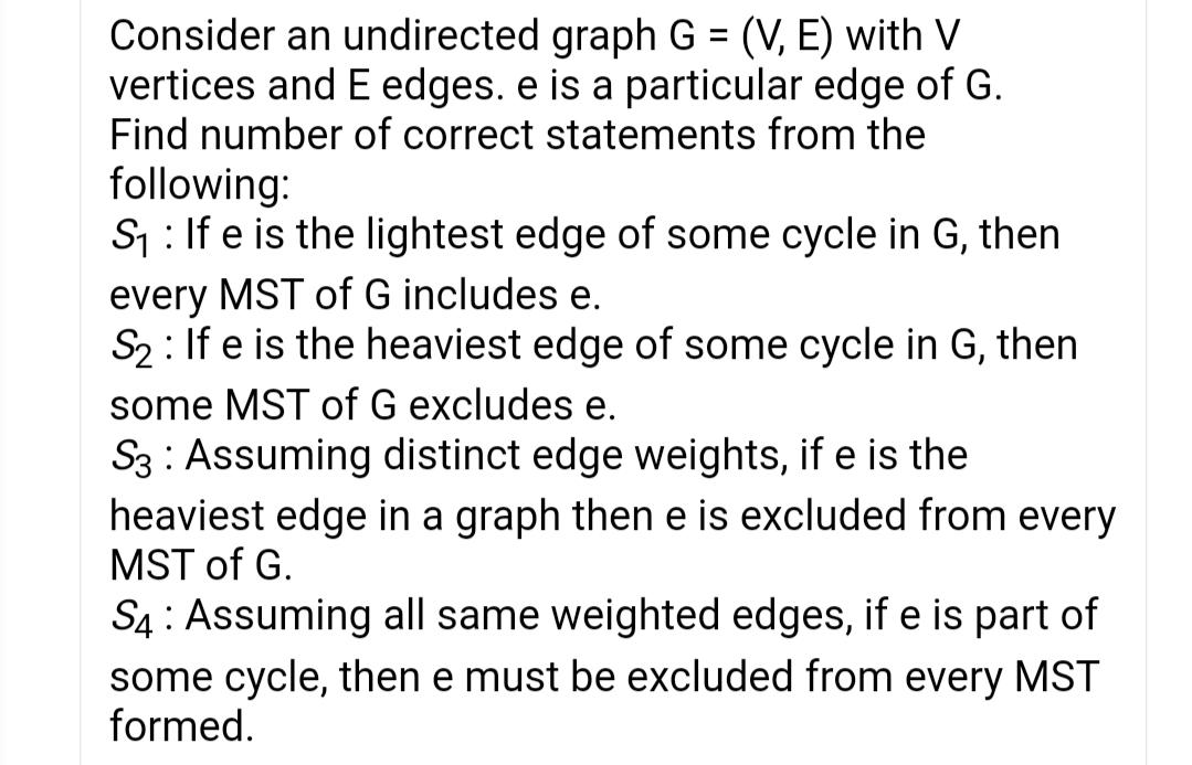 Solved = Consider an undirected graph G = (V, E) with V | Chegg.com