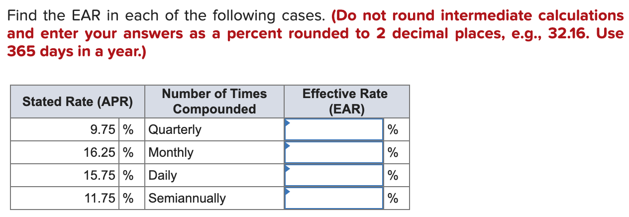 Solved Find the EAR in each of the following cases. (Do not | Chegg.com