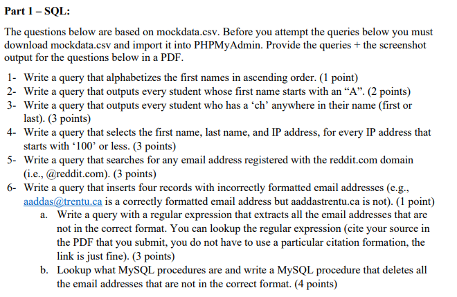 Part 1 - SQL: The questions below are based on | Chegg.com