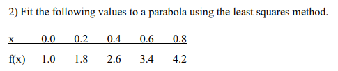 [Solved]: 2) Fit the following values to a parabola using t