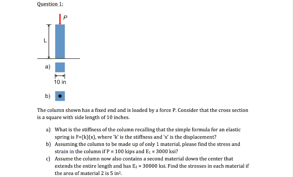 Solved Question 1: a) 10 in b) The column shown has a fixed | Chegg.com