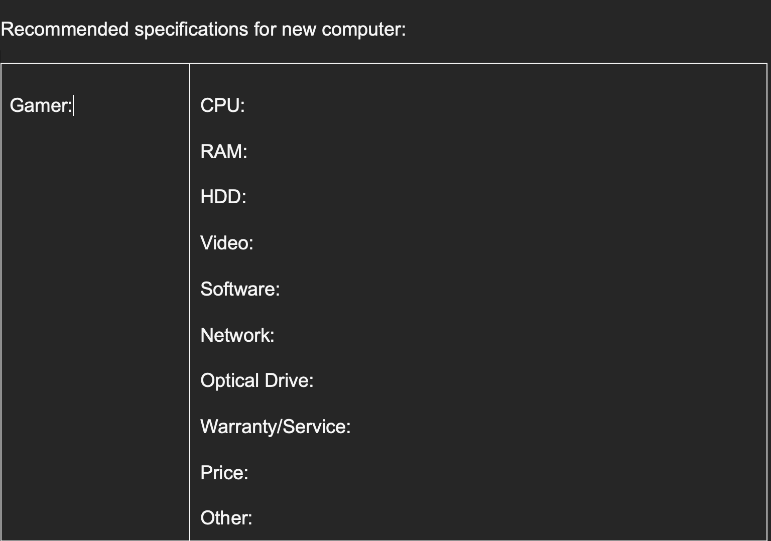 Solved Recommended specifications for new computer: | Chegg.com