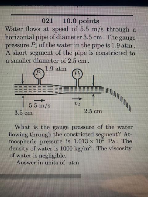Solved 021 10.0 points Water flows at speed of 5.5 m/s | Chegg.com