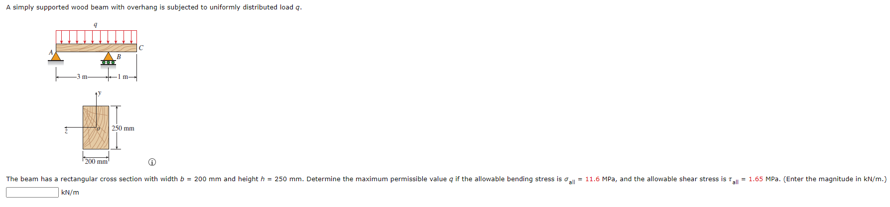 [Solved]: A simply supported wood beam with overhang is su