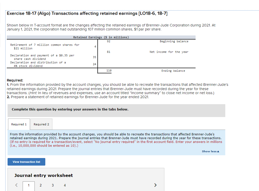 Solved Exercise 18-17 (Algo) Transactions affecting retained | Chegg.com
