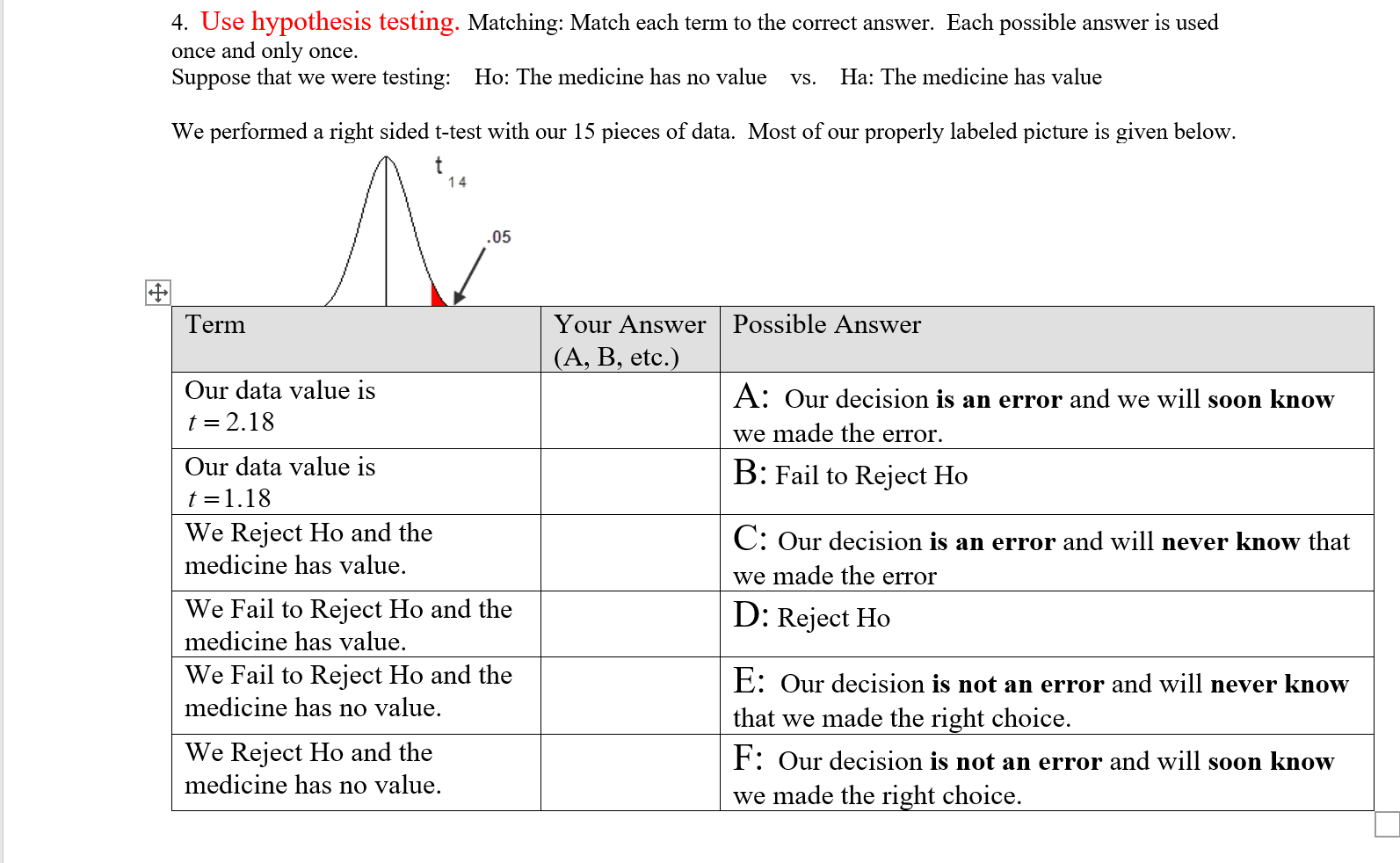 Solved 4. Use hypothesis testing. Matching: Match each term | Chegg.com