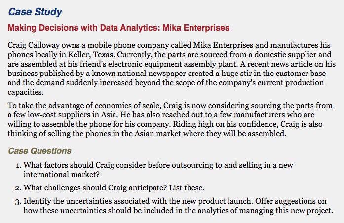 Solved Case Study Making Decisions with Data Analytics: Mika | Chegg.com
