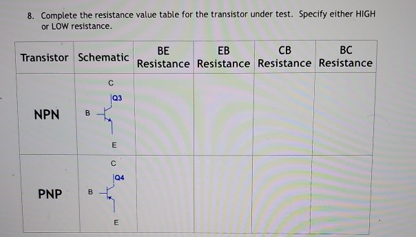 Solved 8. Complete the resistance value table for the | Chegg.com