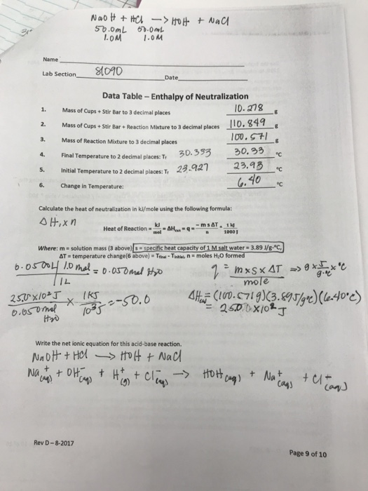 Solved Name, Lab Section, Date Data Table -Enthalpy of | Chegg.com